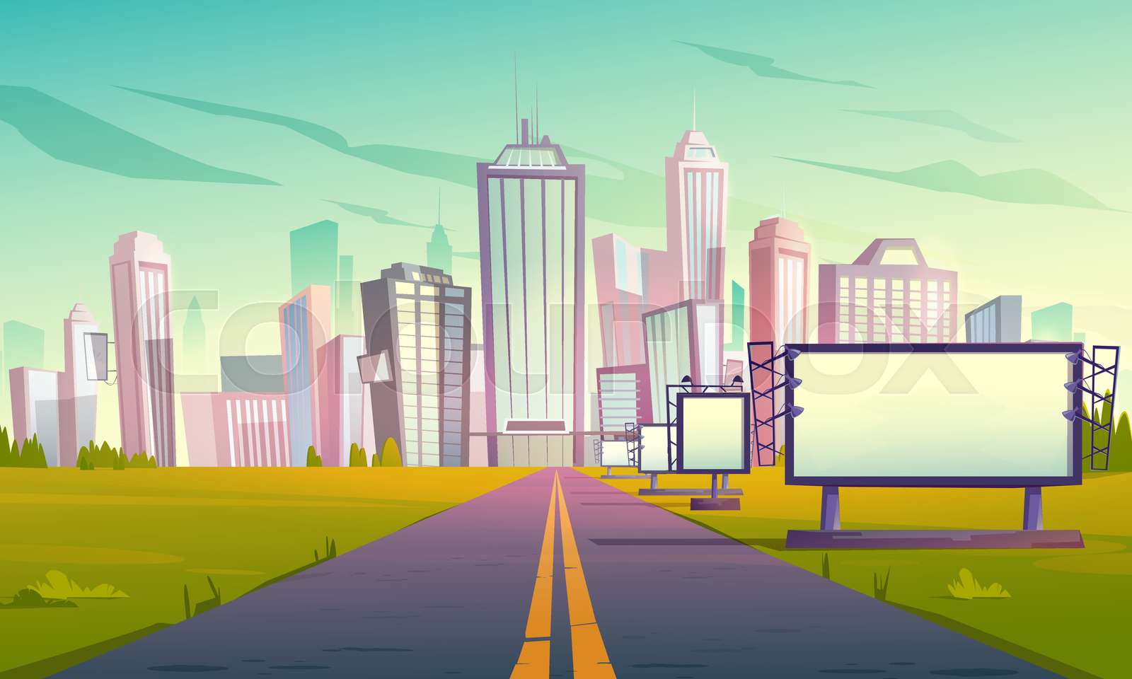 Road to city with billboards perspective view | Stock vector | Colourbox