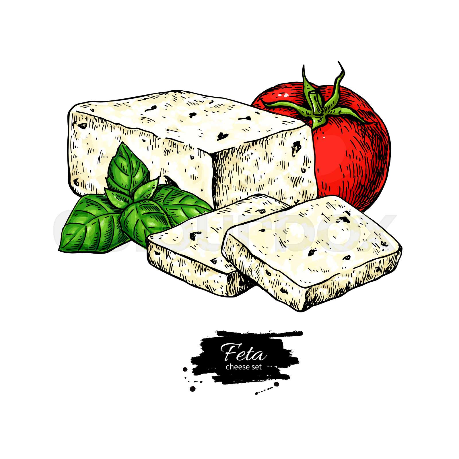 Greek feta cheese block drawing. Vector hand drawn food sketch with ...