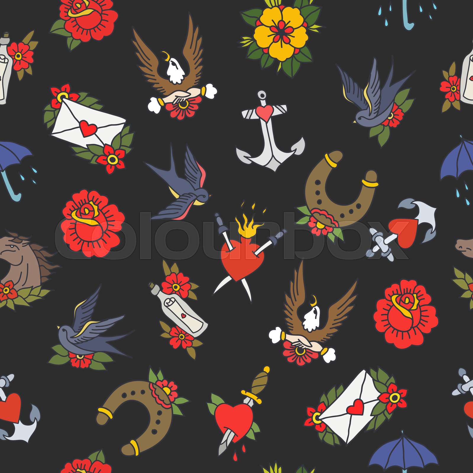 traditional tattoo flash seamless doodle pattern, vector illustration ...