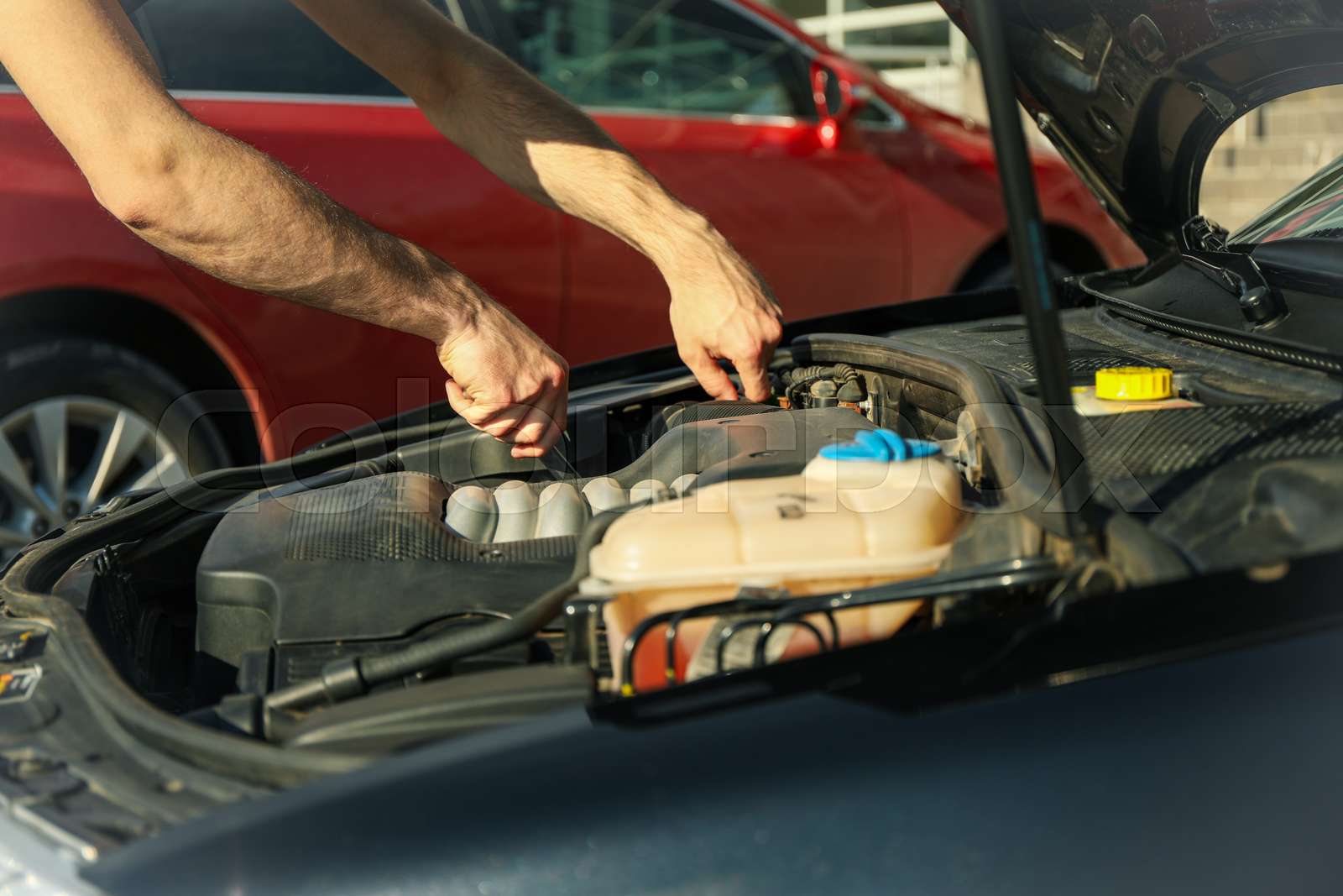 Man fixing engine. Car inspection. Work of mechanic | Stock image ...