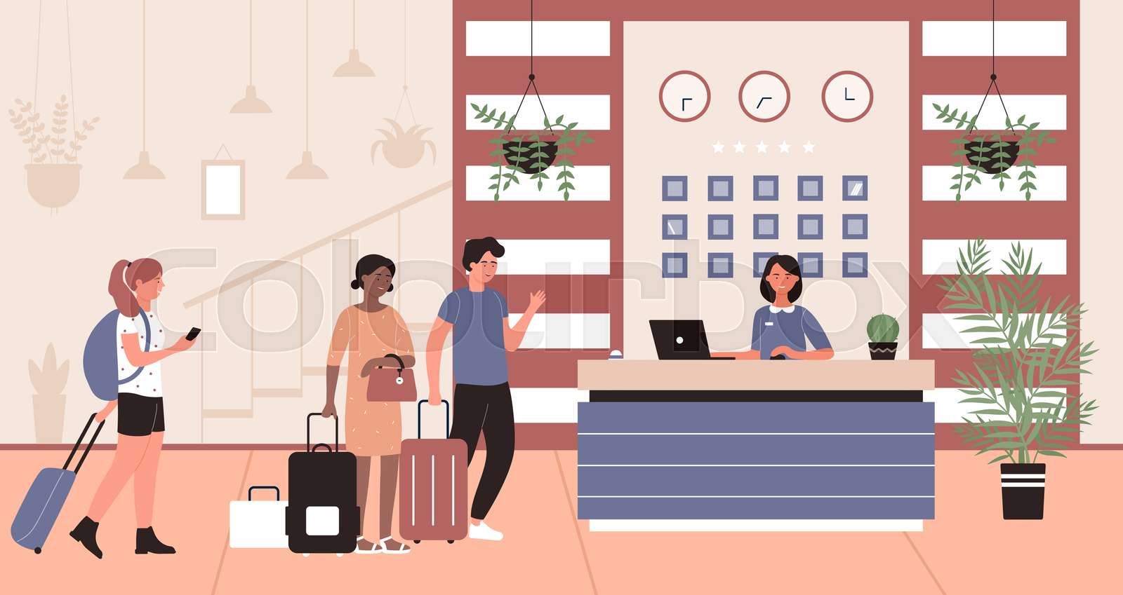 People in hotel reception vector illustration, cartoon flat happy ...