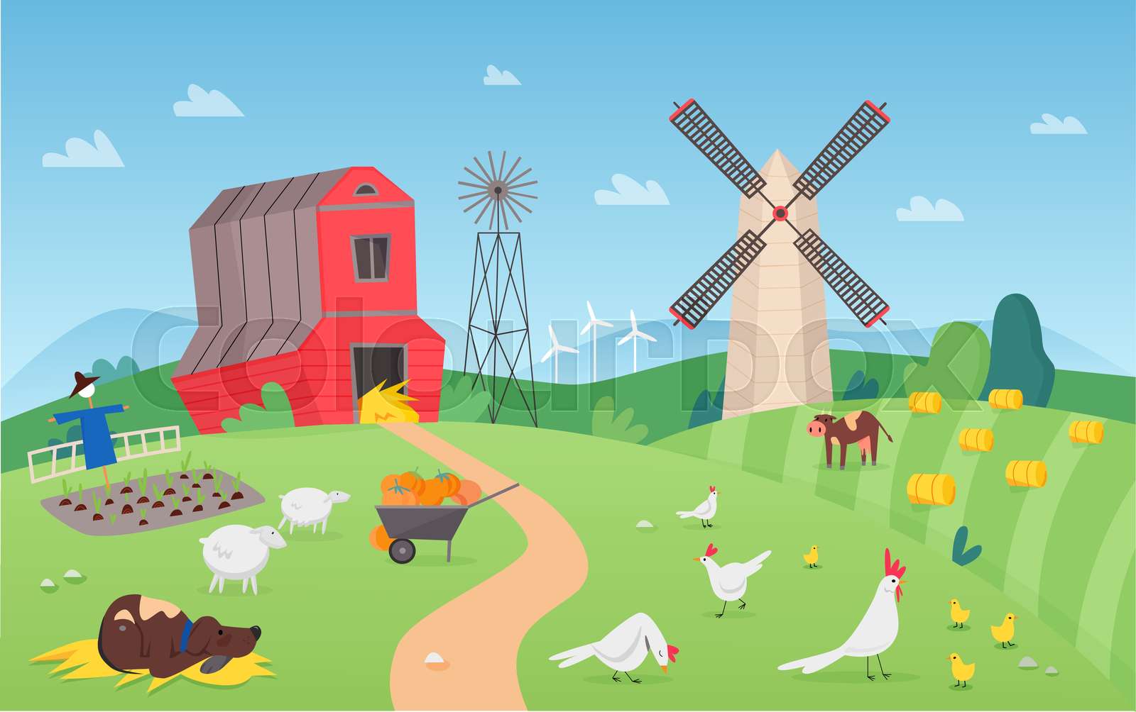 Cartoon farm rural landscape vector illustration, comic flat summer ...