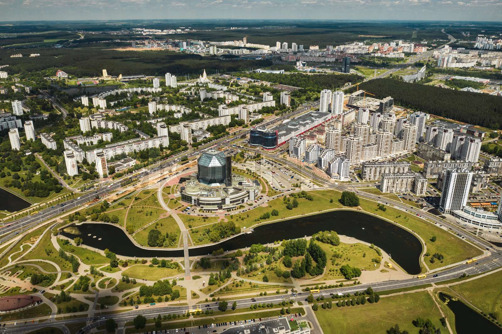 Top view of the National library and a new neighborhood with a Park in ...