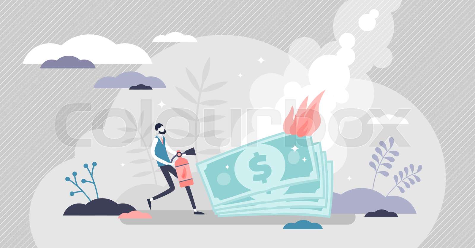Burning money vector illustration. Financial fire flat tiny persons ...