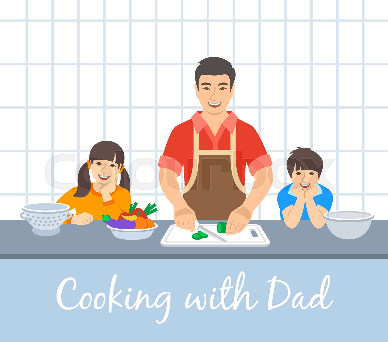 Dad with kids cooking dinner together in kitchen | Stock vector | Colourbox