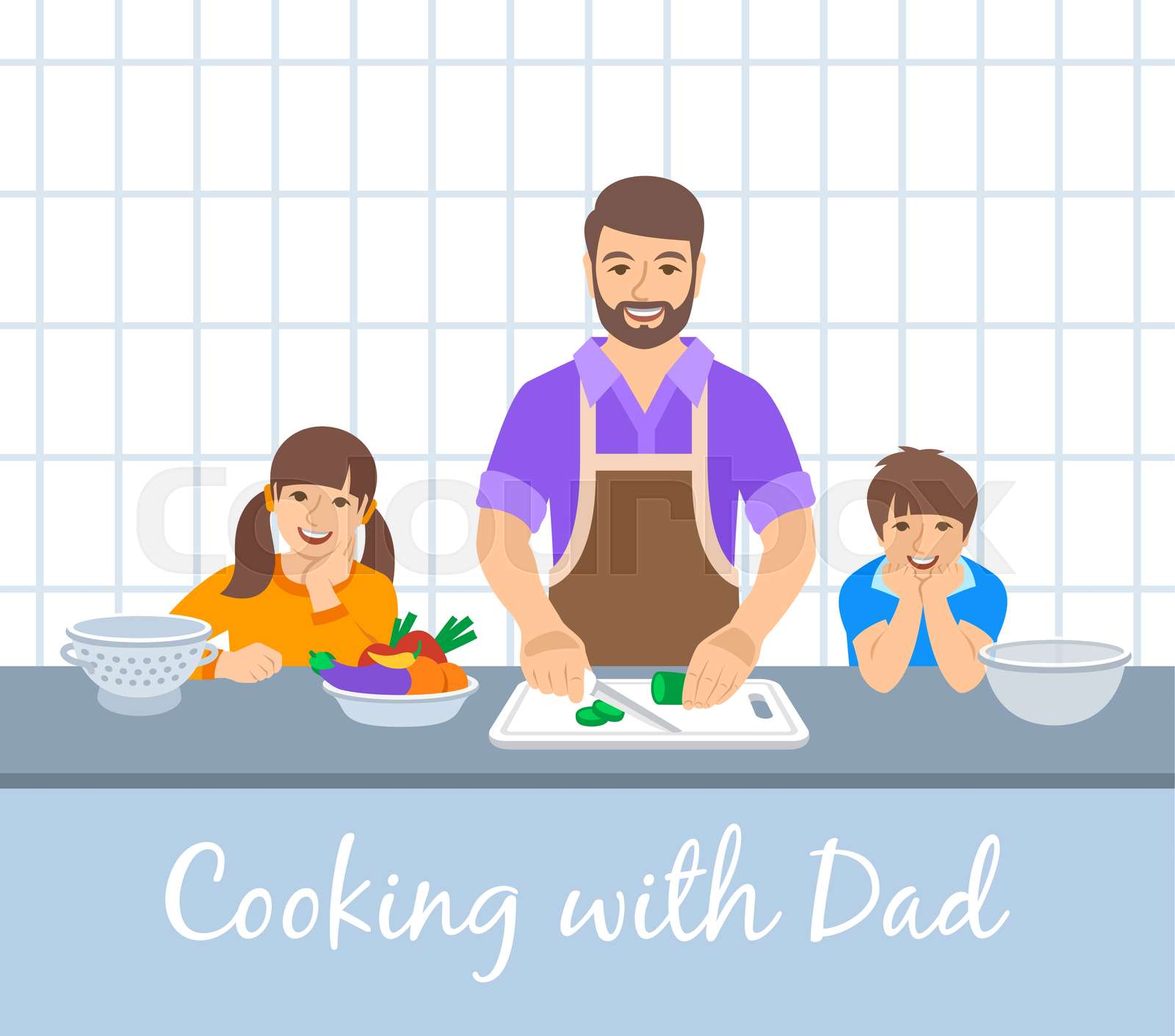 Dad with kids cooking dinner together in kitchen | Stock vector | Colourbox