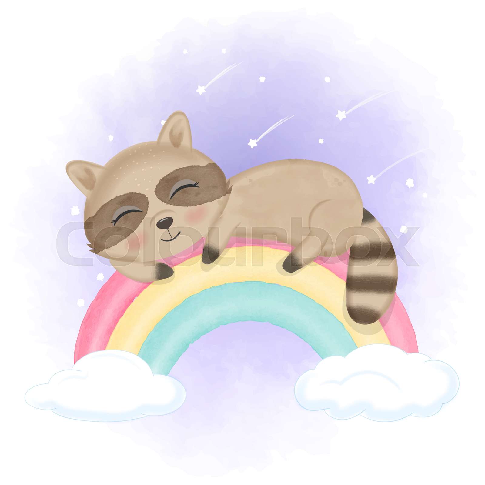 Cute Little Raccoon Sleeping on the Rainbow hand drawn cartoon animal ...
