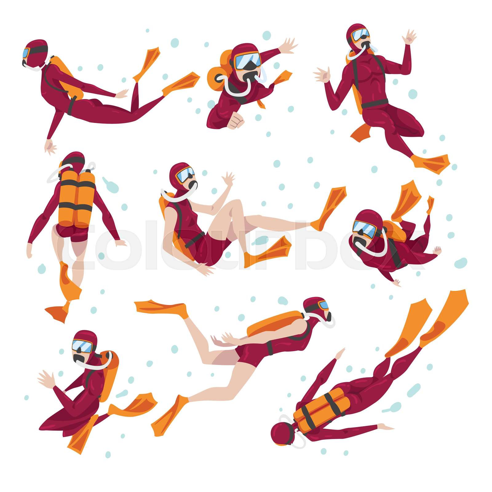 Set of Divers in Wetsuit, Mask and Flippers Diving in the Sea, Summer ...