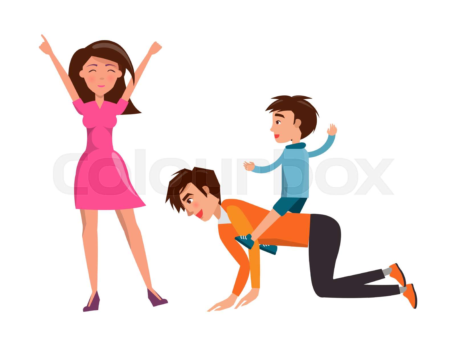Father Standing on Knee Little Boy on Back, Mother | Stock vector ...