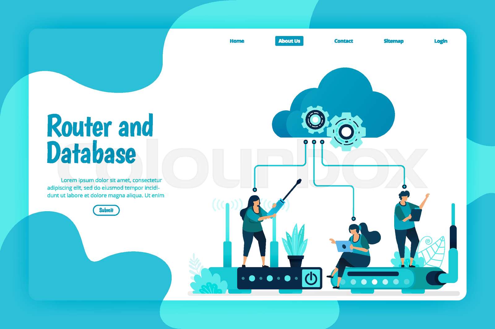 Landing page template of router and database service. Wifi network and ...