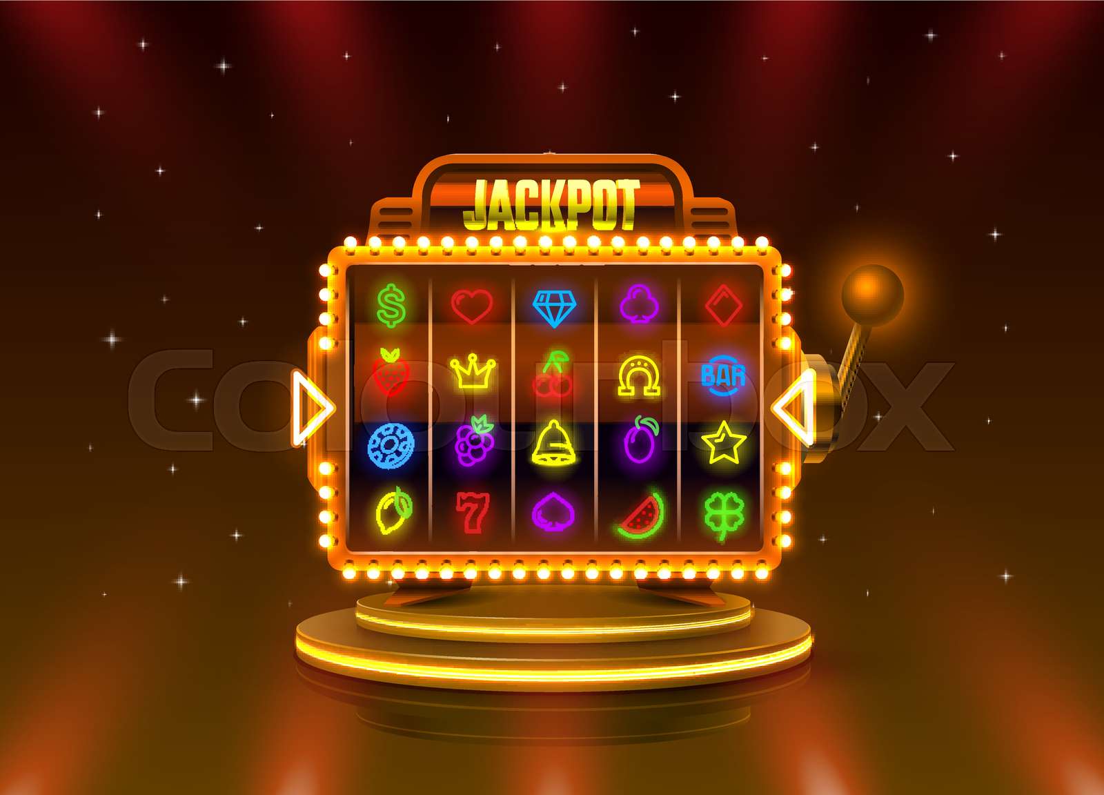 Jackpot slots neon icons, casino slot sign machine, night Vegas ...