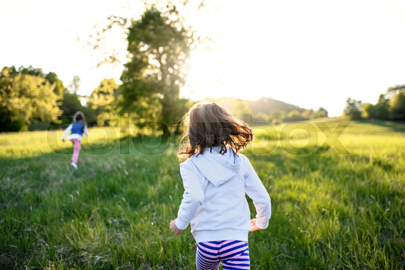 Rear view of two small girls running outdoors in spring nature. | Stock ...