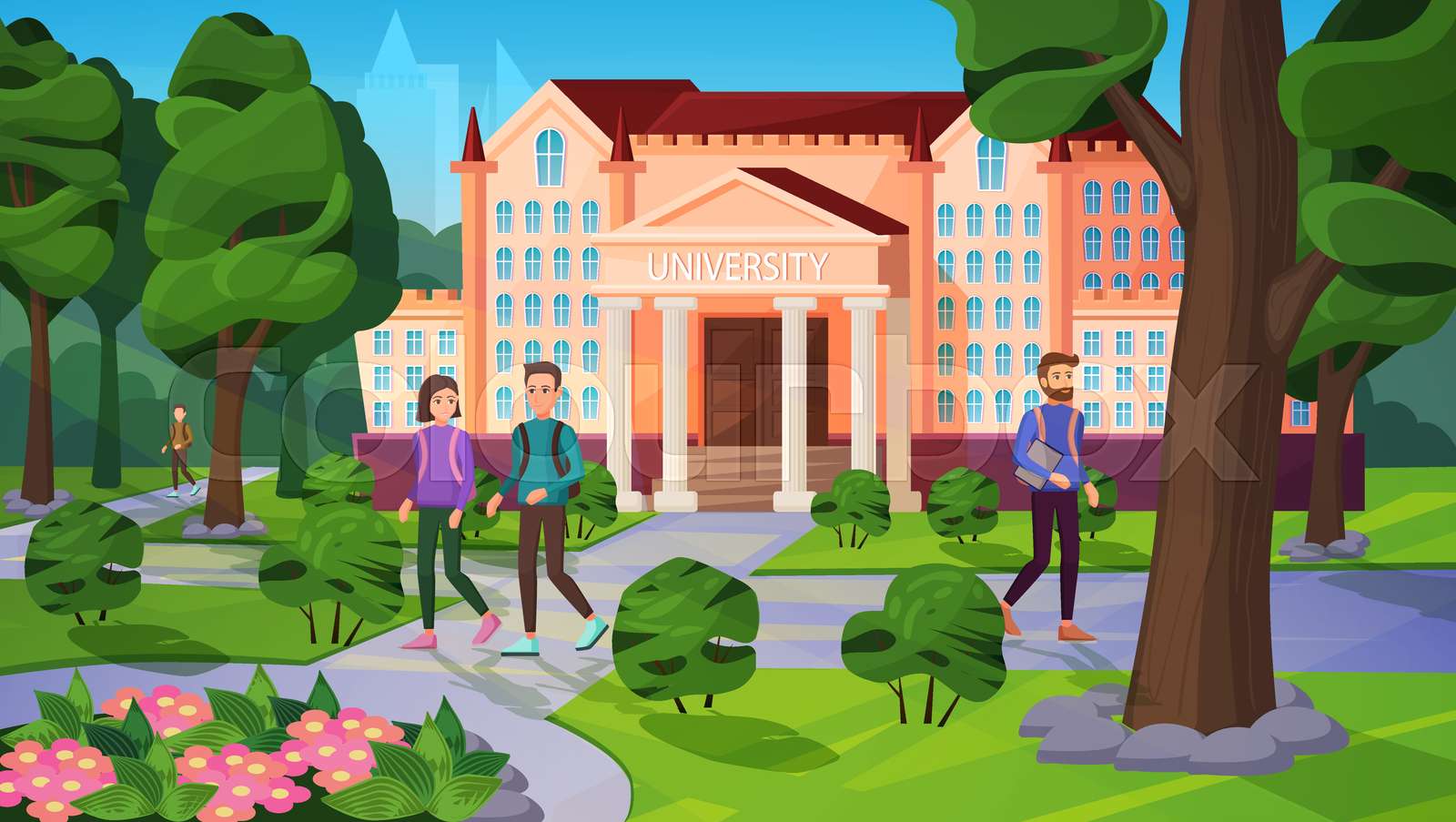 University landscape with people vector illustration, cartoon flat ...