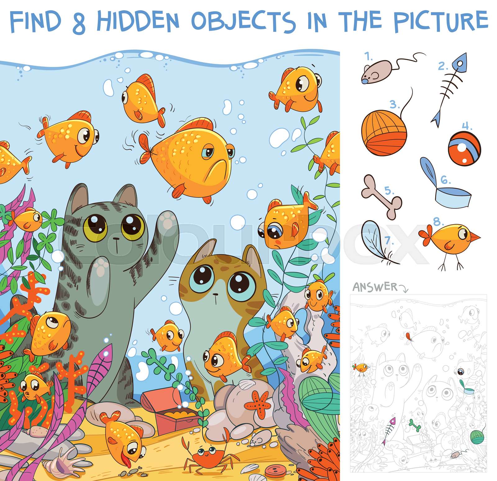 Find hidden objects. Cats looking at fish in an aquarium | Stock vector ...