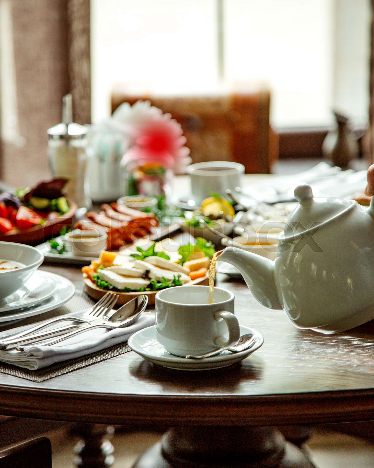 breakfast food with black tea | Stock image | Colourbox