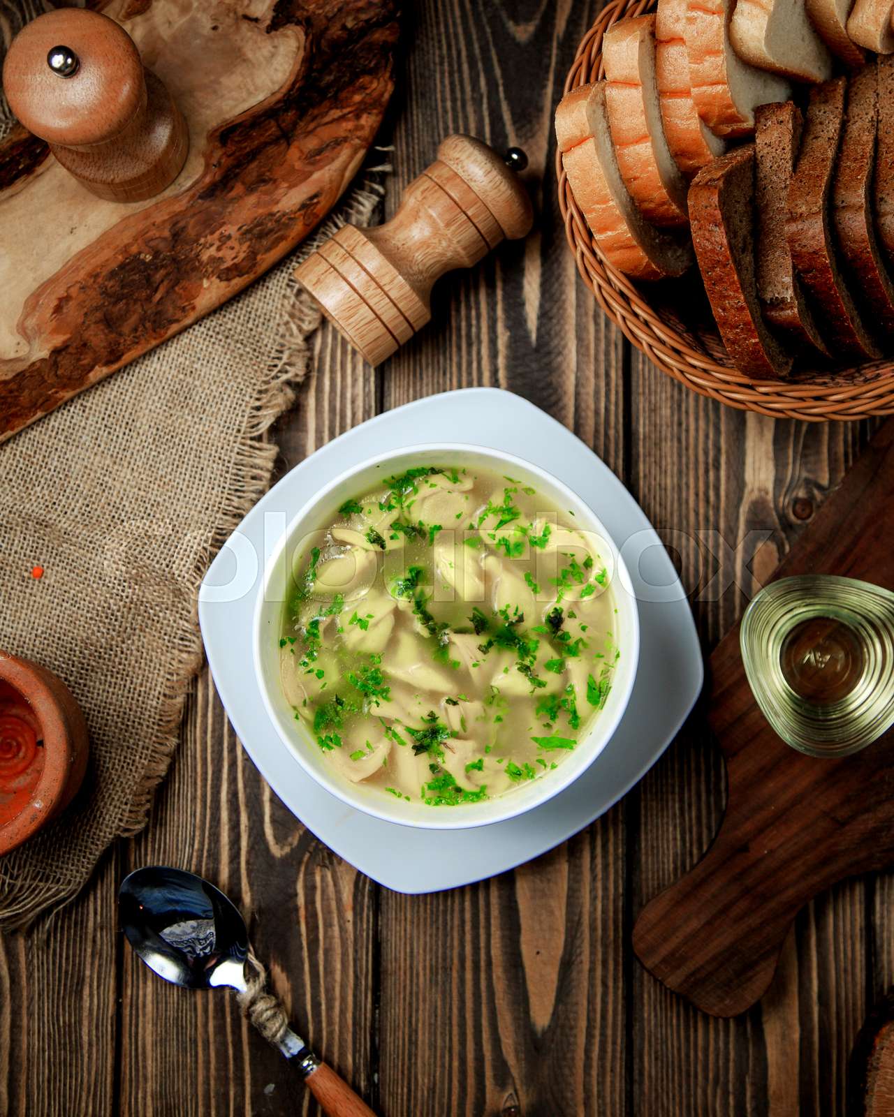 dushbara soup filled with herbs | Stock image | Colourbox