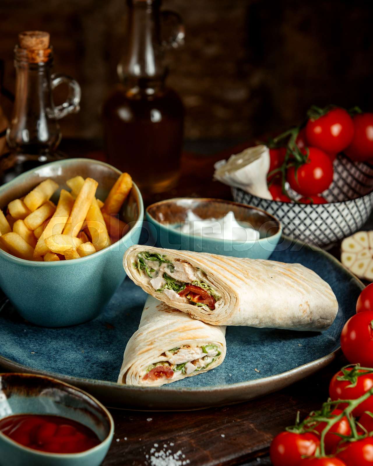chicken wrap and fries and tomato | Stock image | Colourbox