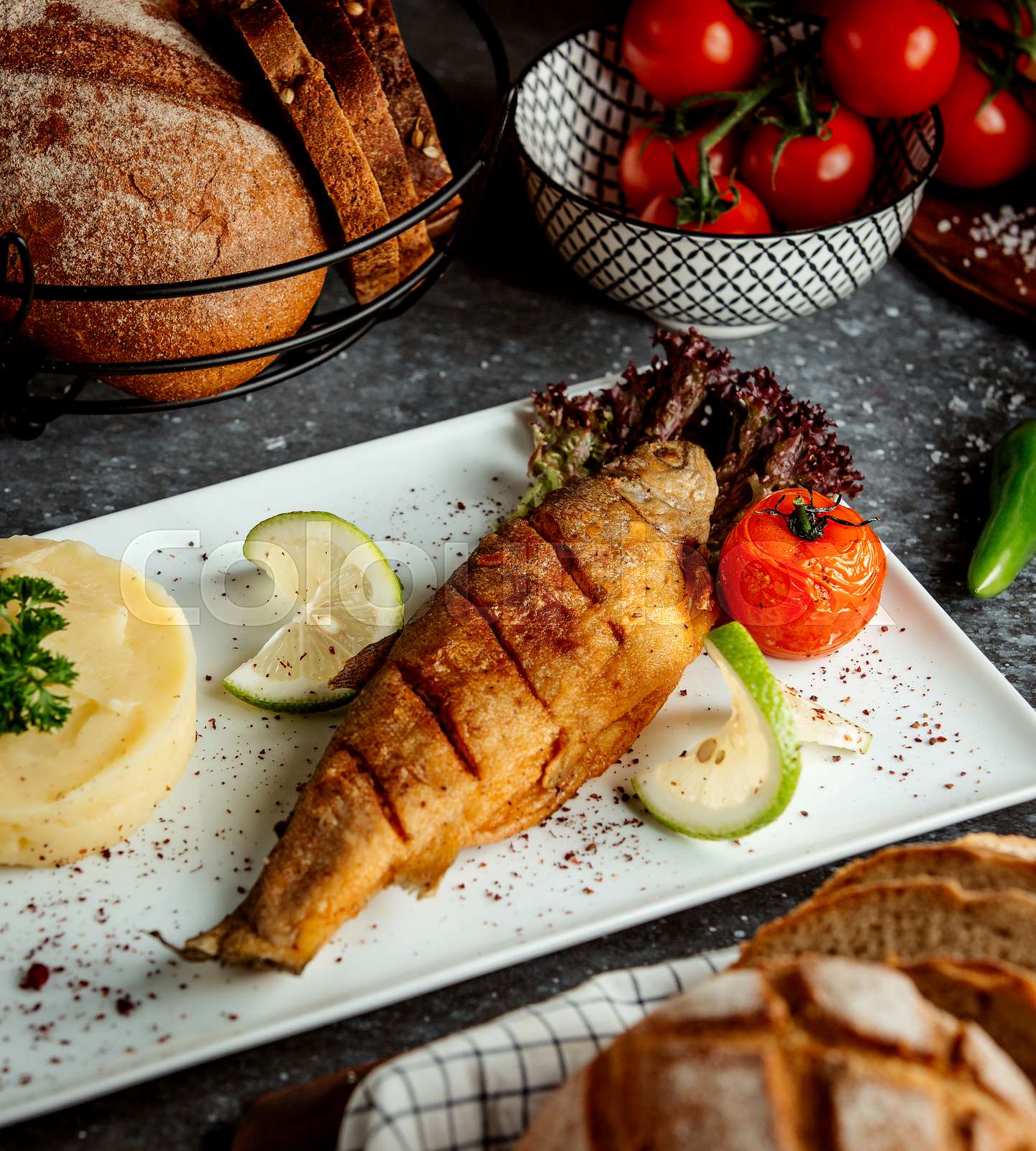 fried fish with potato mash | Stock image | Colourbox