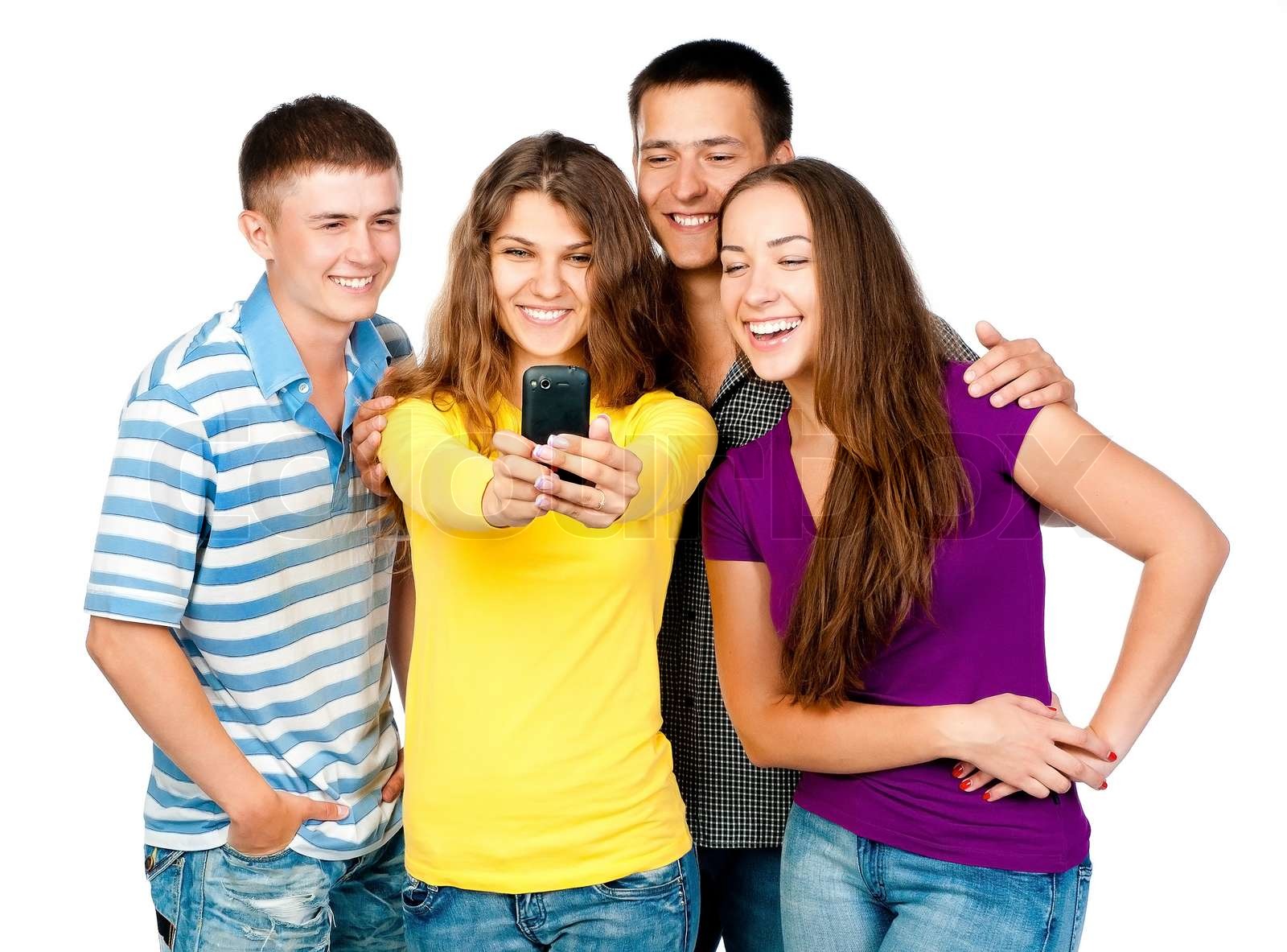 group of young people with mobile phone on a white background | Stock ...