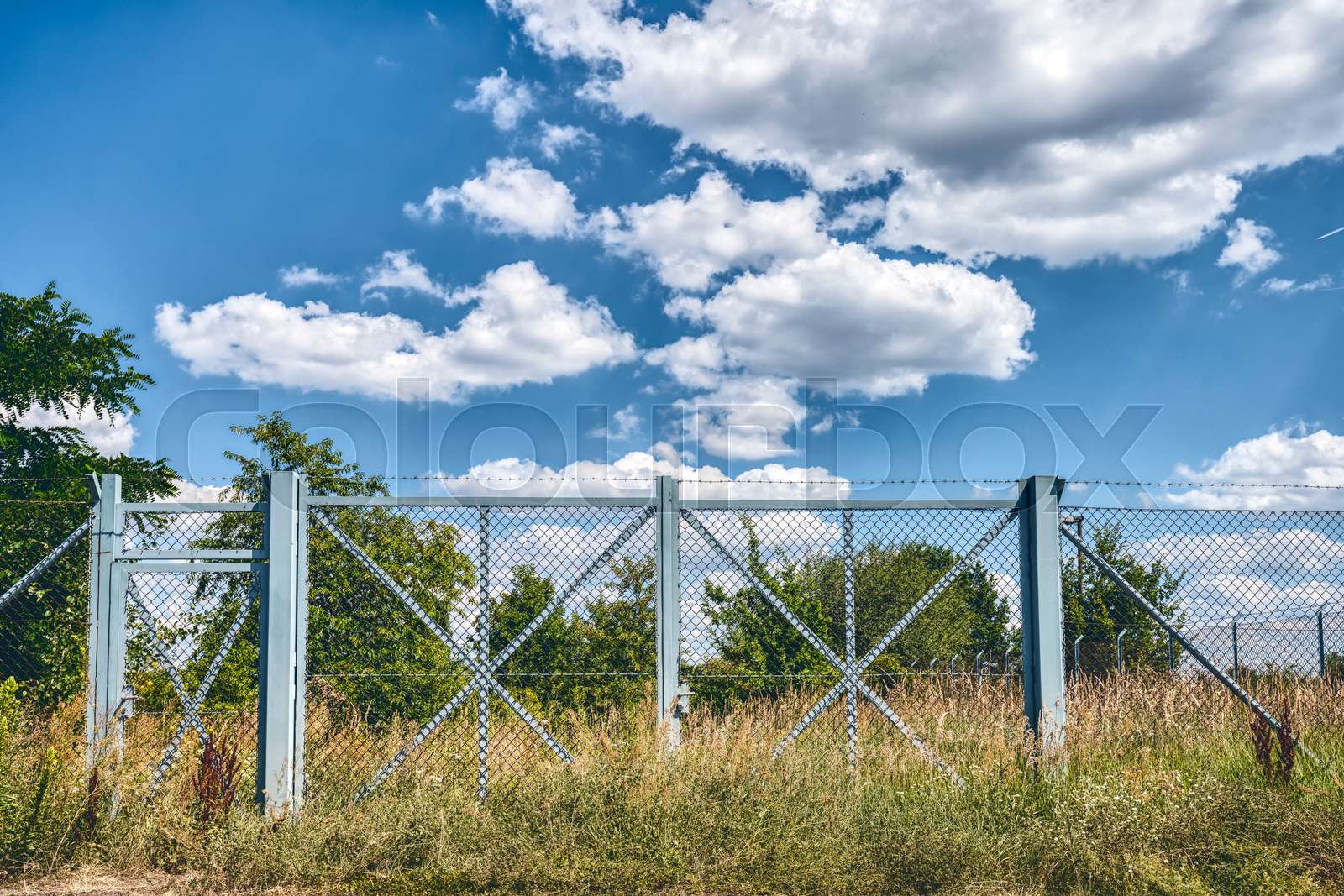 blue metal fence gate with barb wire in a landscape | Stock image ...