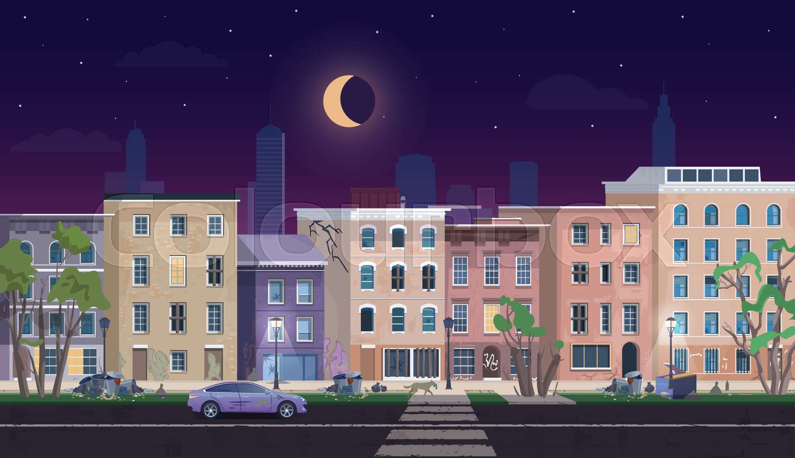 Ghetto landscape at night vector illustration, cartoon flat ...