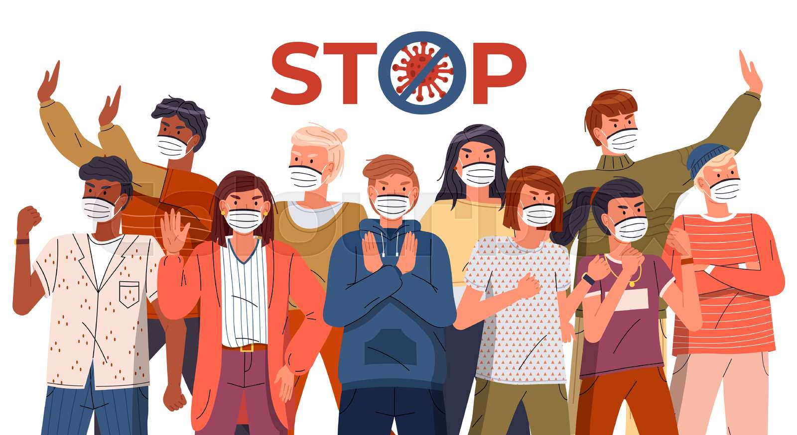 Multinational people in medical masks show stop gesture to spreading ...