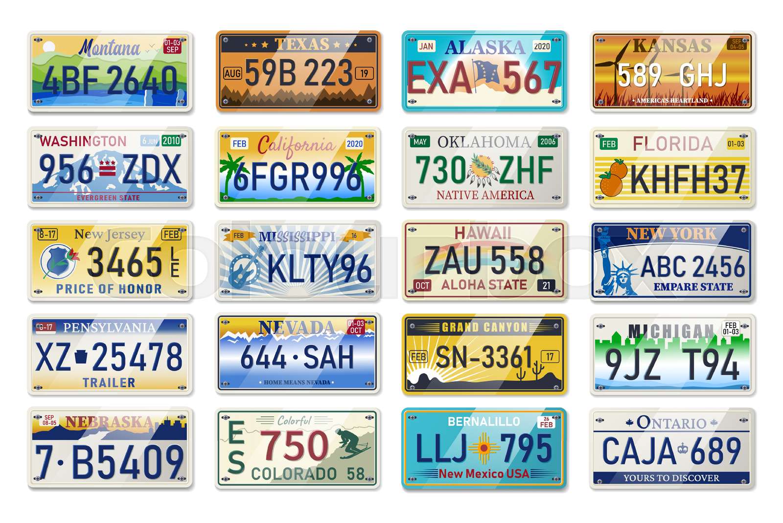 Auto plate and car numbers set of vehicle registration in USA states ...
