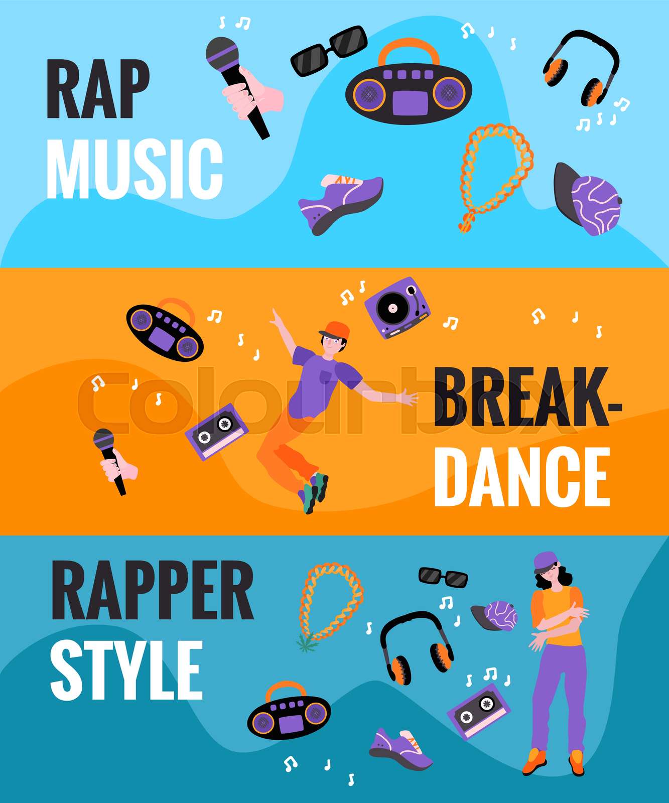Flat rap, hip hop music symbols poster | Stock vector | Colourbox