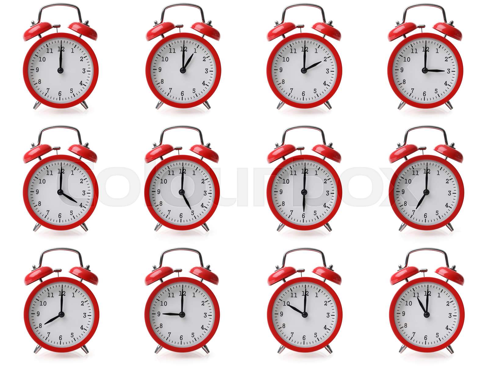 Compilation of alarm clocks with different time settings from one hour to twelve | Stock image ...