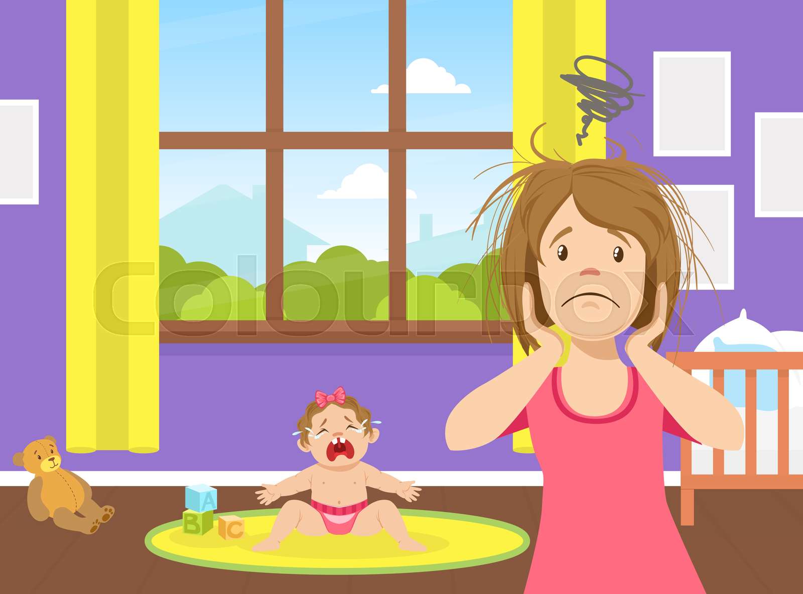 Tired Stressed Young Mom Standing Next to Crying Baby, Fatigue and ...
