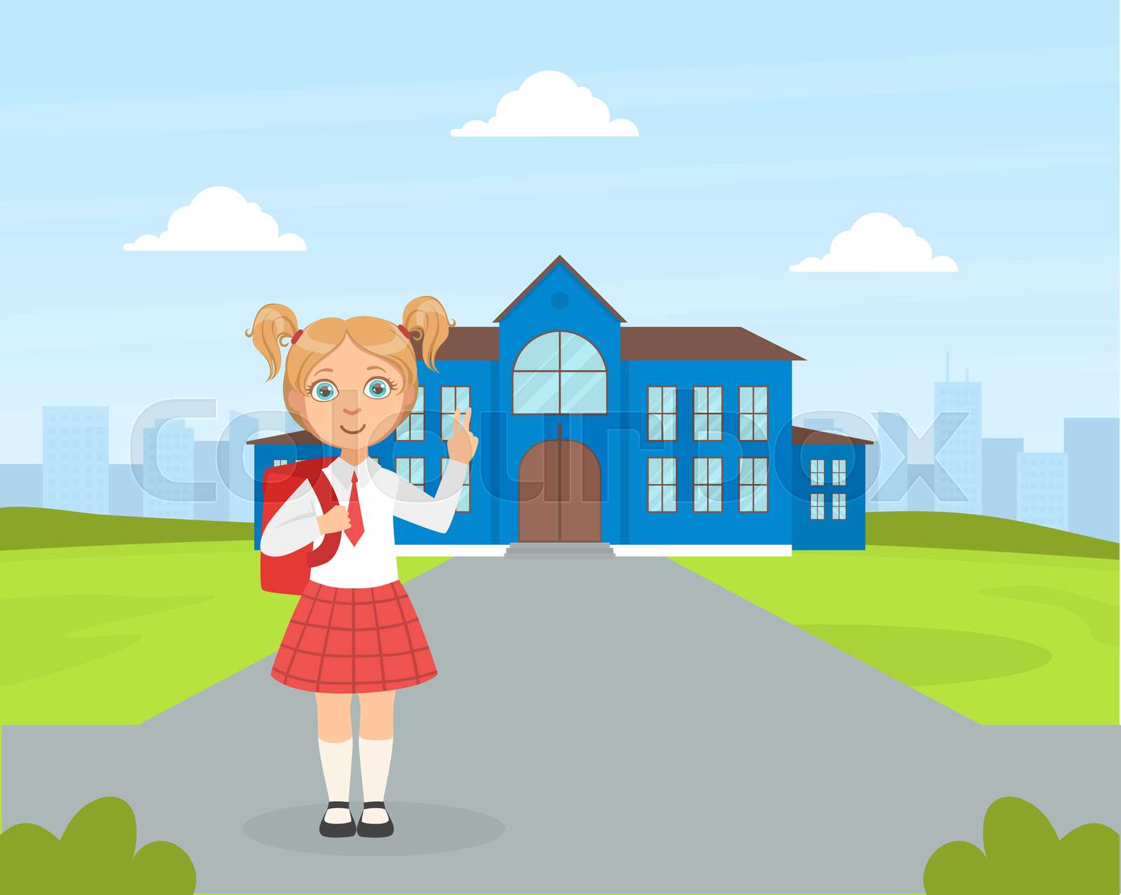 Back to School, Cute Elementary School Girl Student in Uniform Standing ...