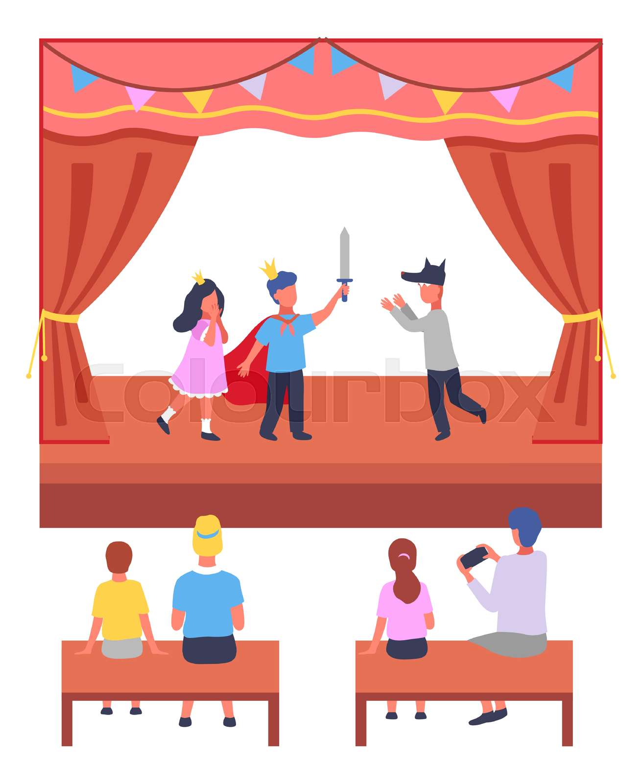 School children`s theater performance. Parents watch the theatrical and ...