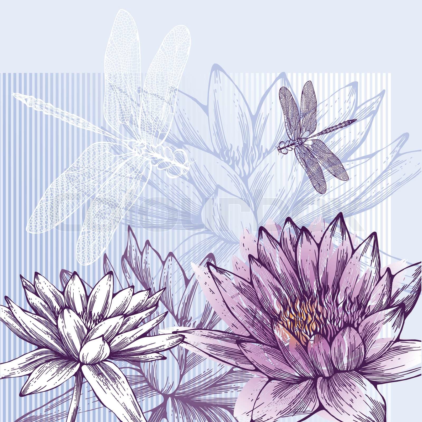 Floral background with blooming water lilies and dragonflies flying ...