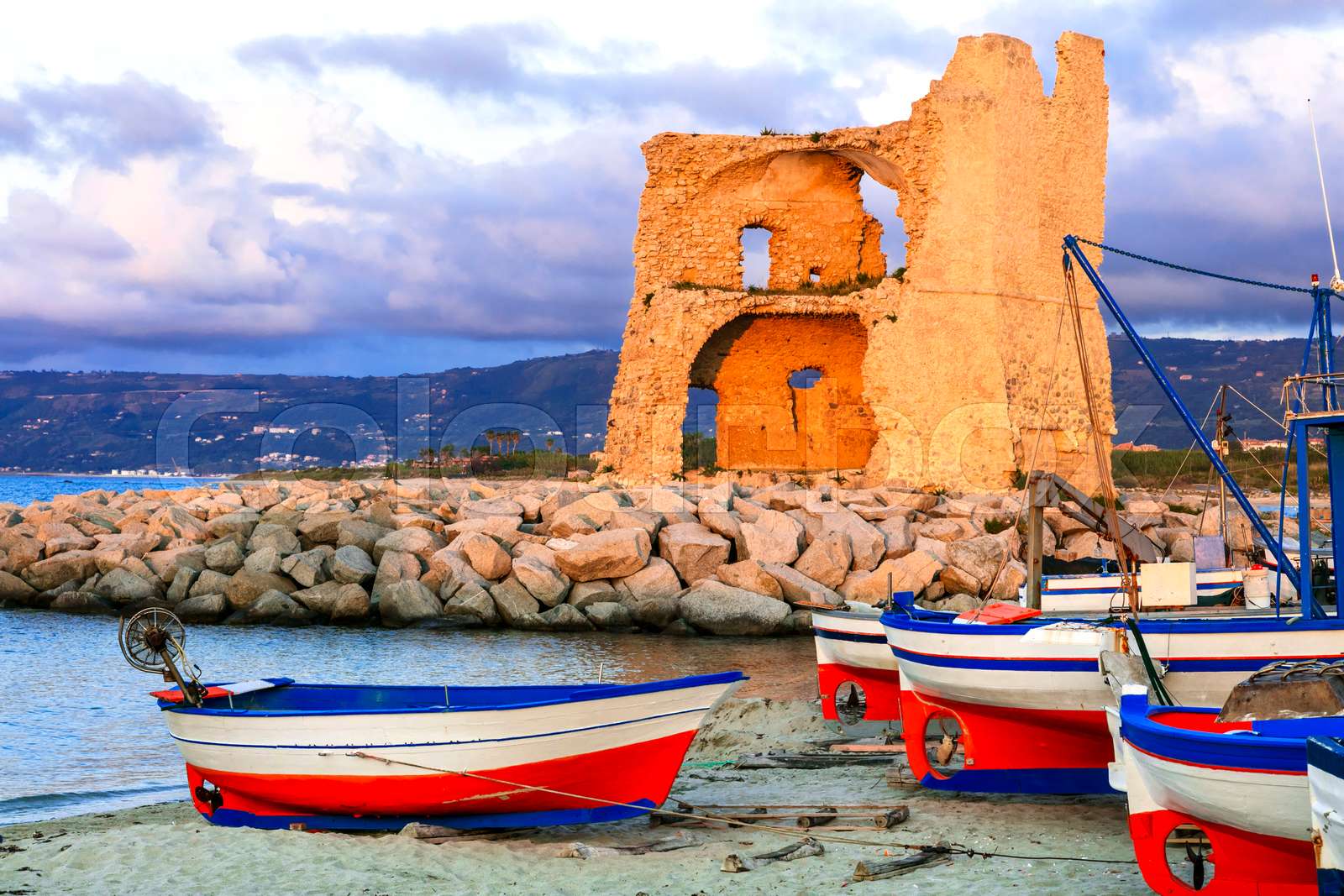Calabria, Italy. Picturesque old harbour with tradtional fishing boats ...
