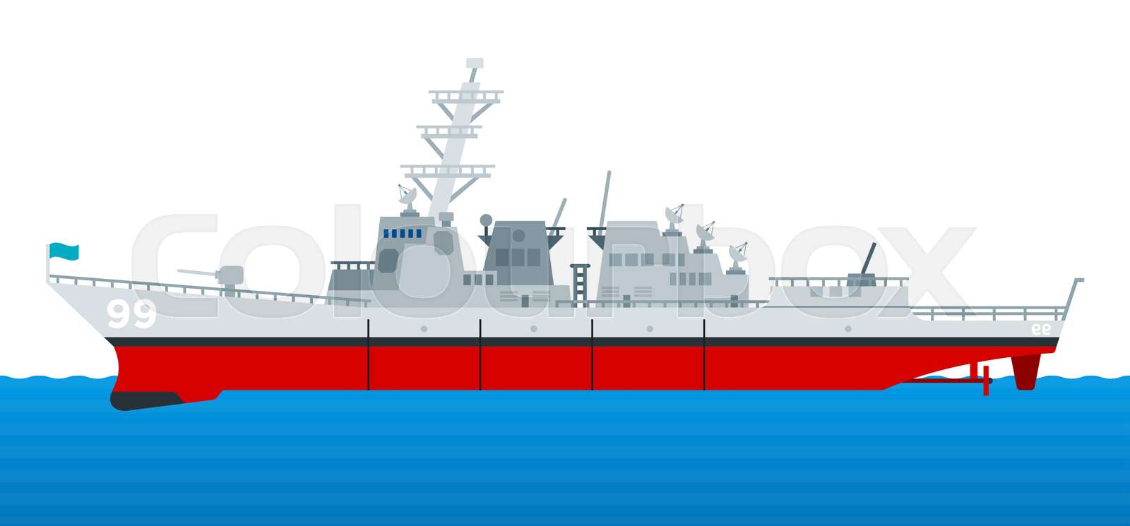 Military cruiser. Warship rides on the sea. The missile cruiser sets ...