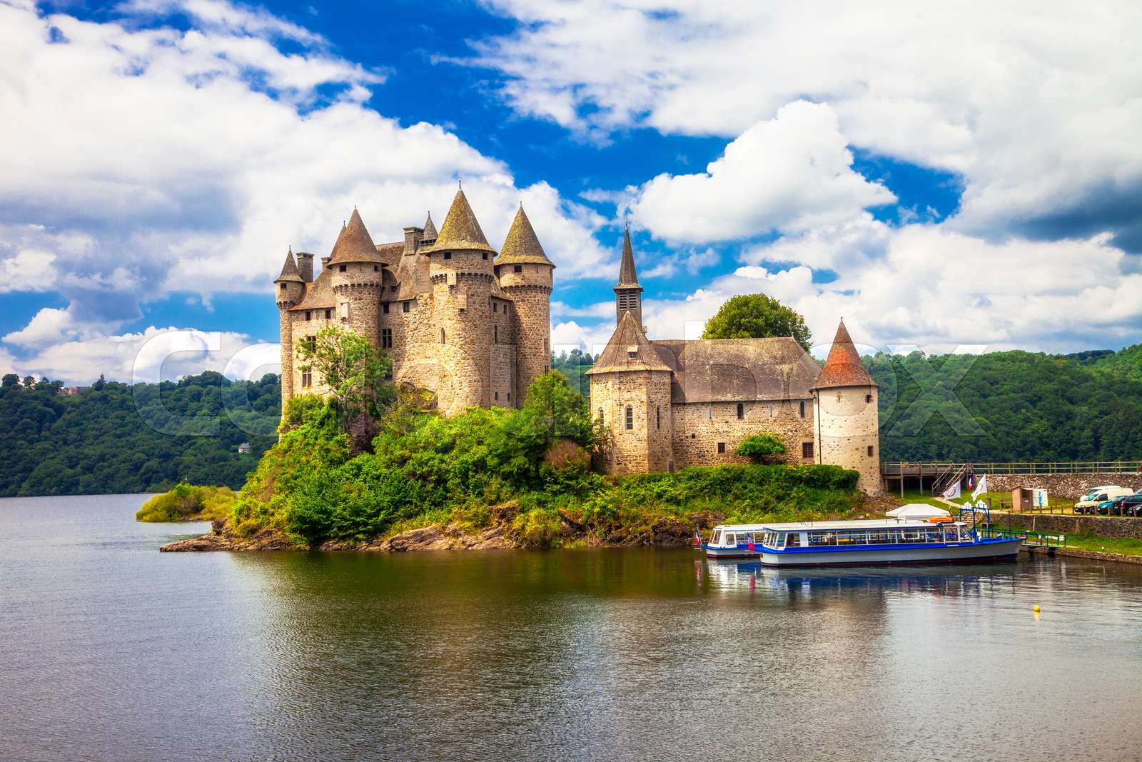 beautiful fairy castle in lake - Chateau de Val, France | Stock image ...