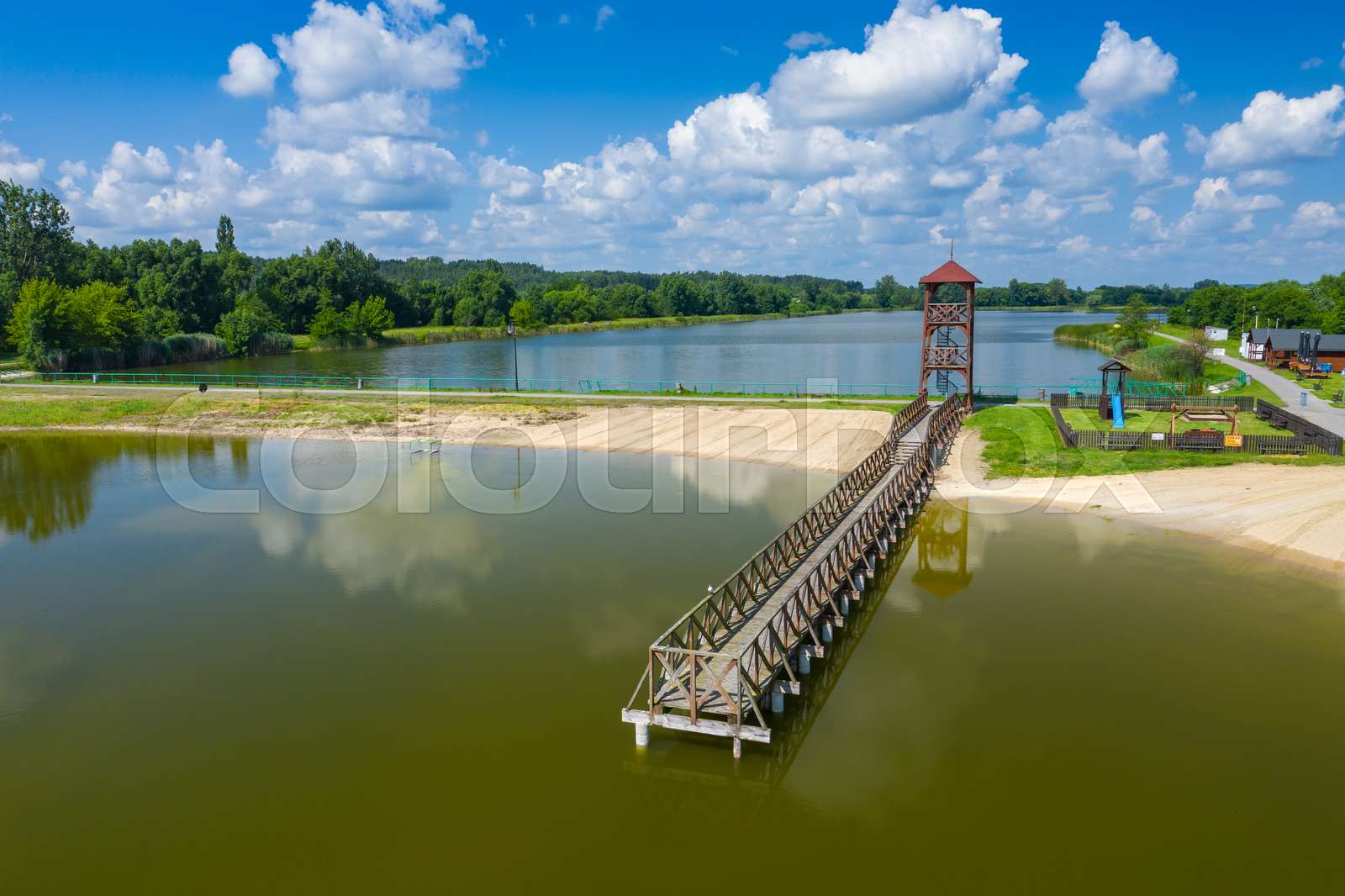 Aerial view of a smal wooden dock on a lake | Stock image | Colourbox