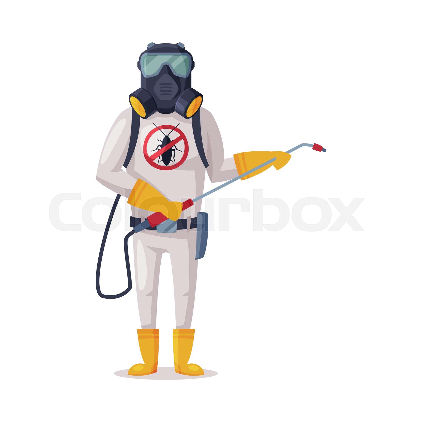 Exterminator Wearing Protection Uniform and Gas Mask Spraying with ...