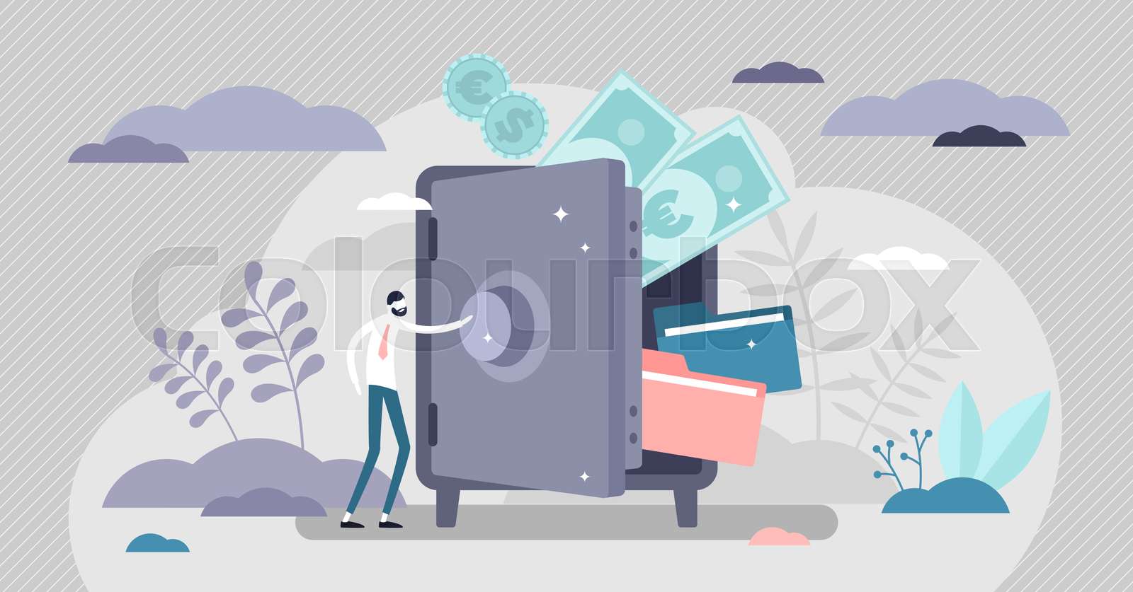 Bank safe with secured money and valuables in security tiny persons ...