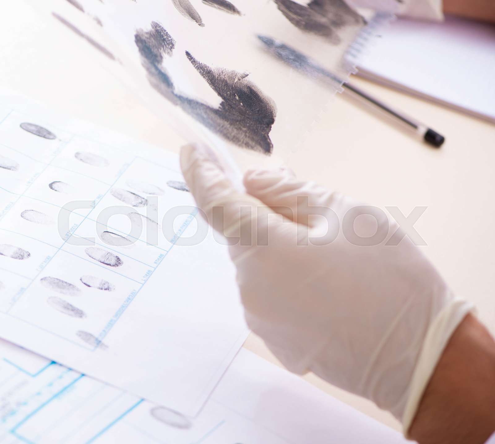 Forensic expert studying fingerprints in the lab | Stock image | Colourbox