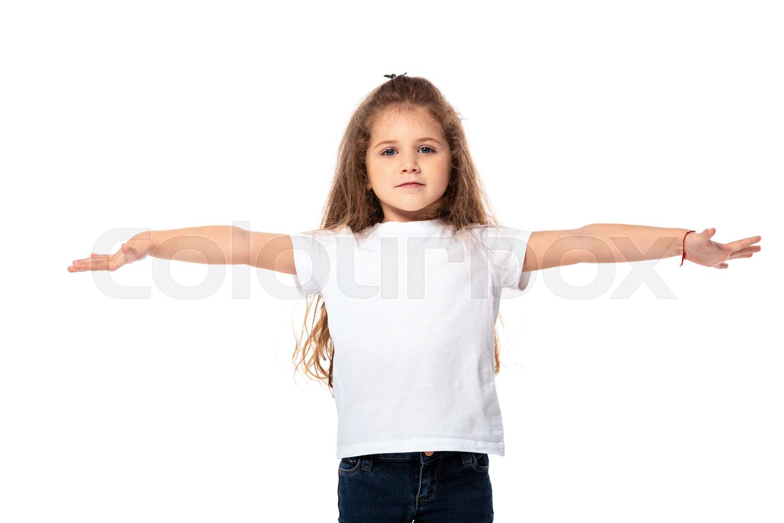 cute kid in white t-shirt standing with outstretched hands isolated on ...