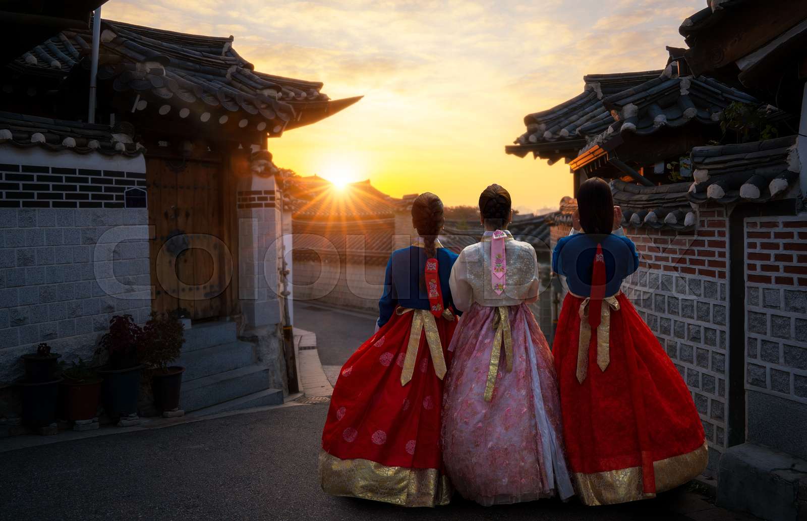 Korean Girl In Hanbok Dress With Morning At Bukchon Hanok Village Stock Image Colourbox