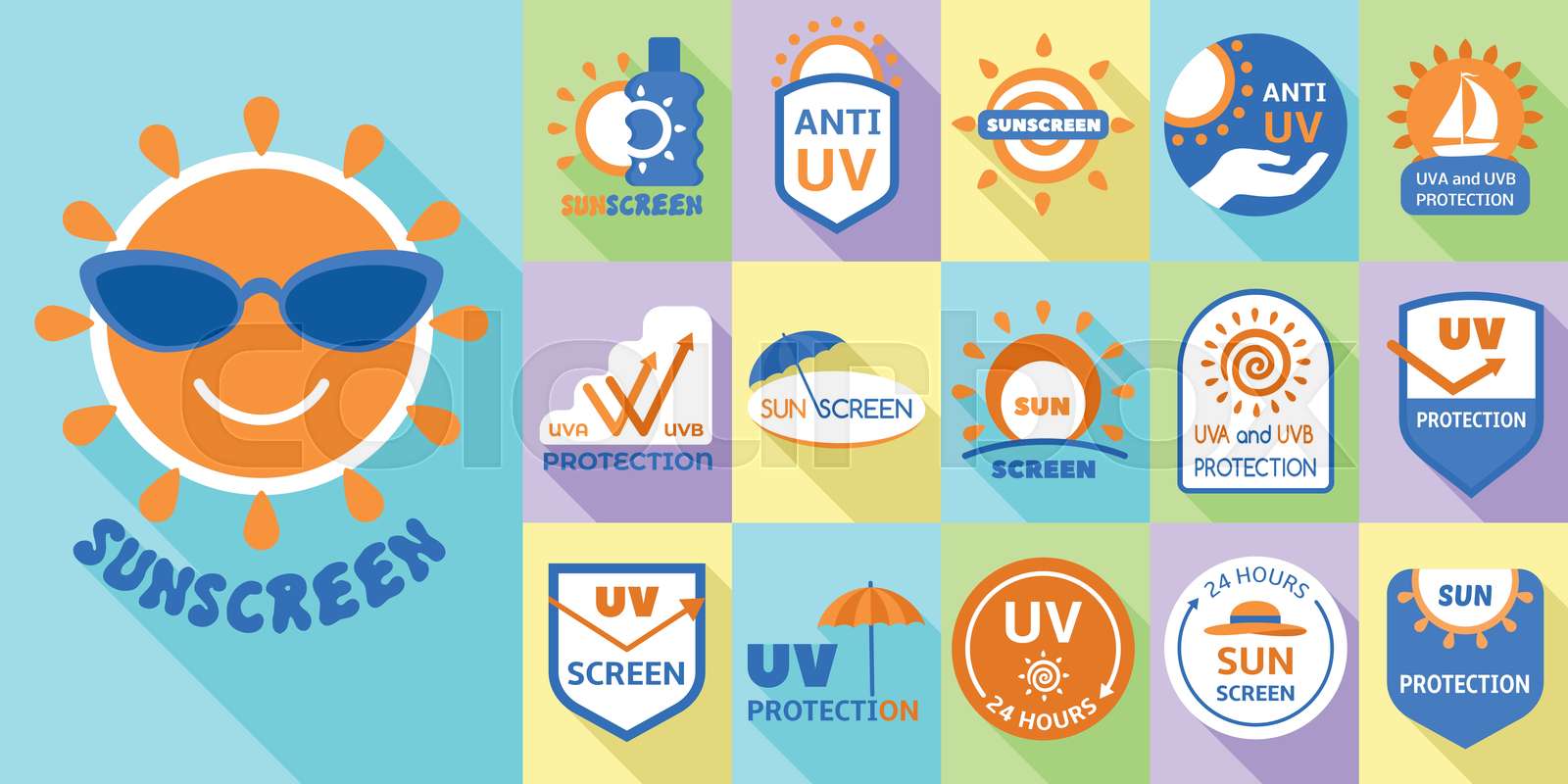 Sunscreen logo set, flat style | Stock vector | Colourbox