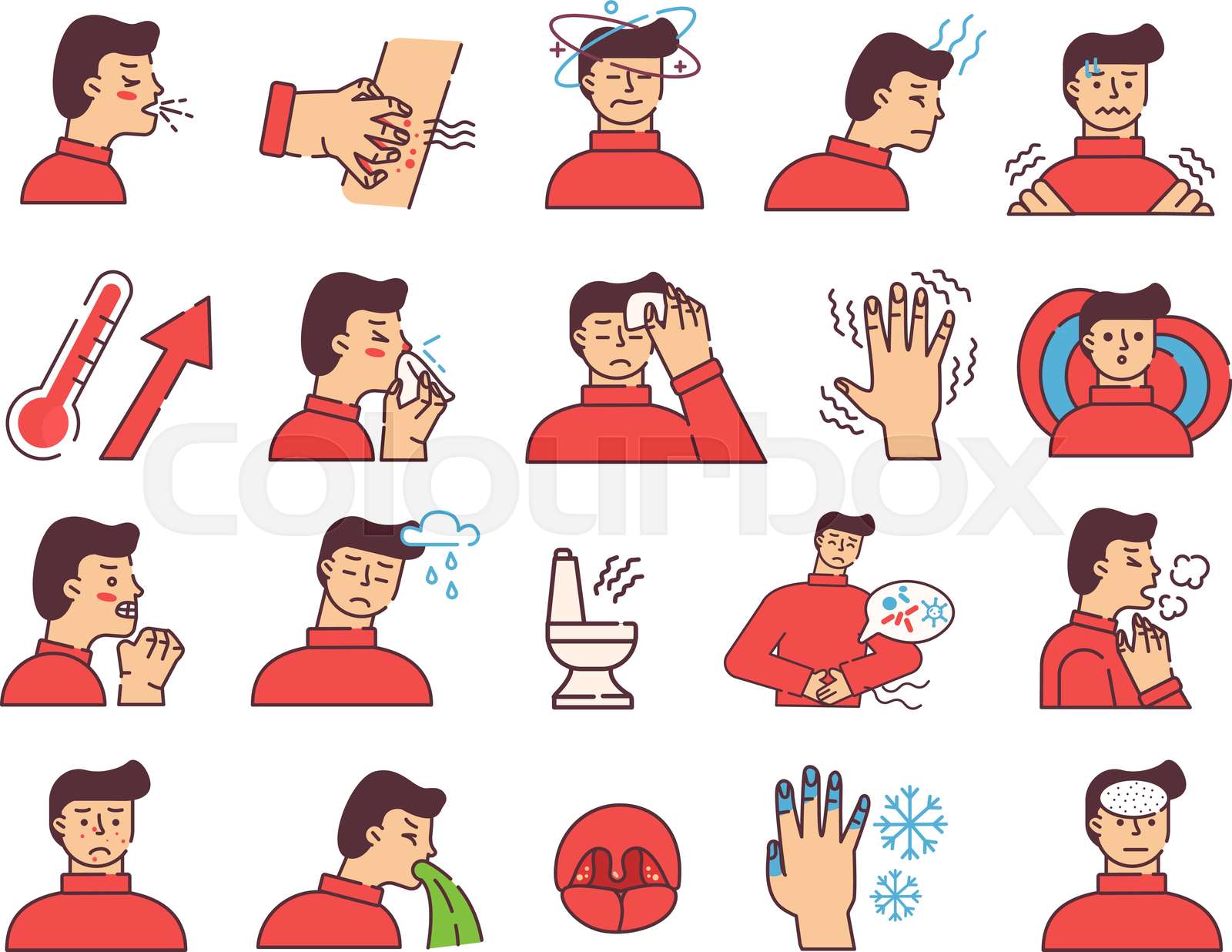 Symptoms of disease icons. Strong coughing character weather surges in ...