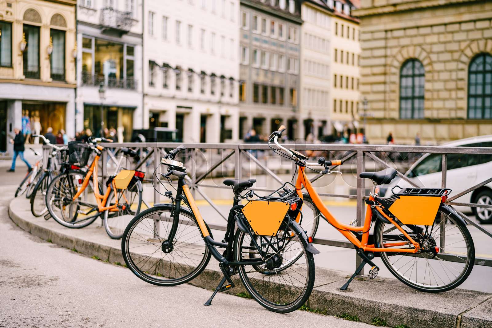 Bicycle parking in the center of high-rise office buildings. Rental ...
