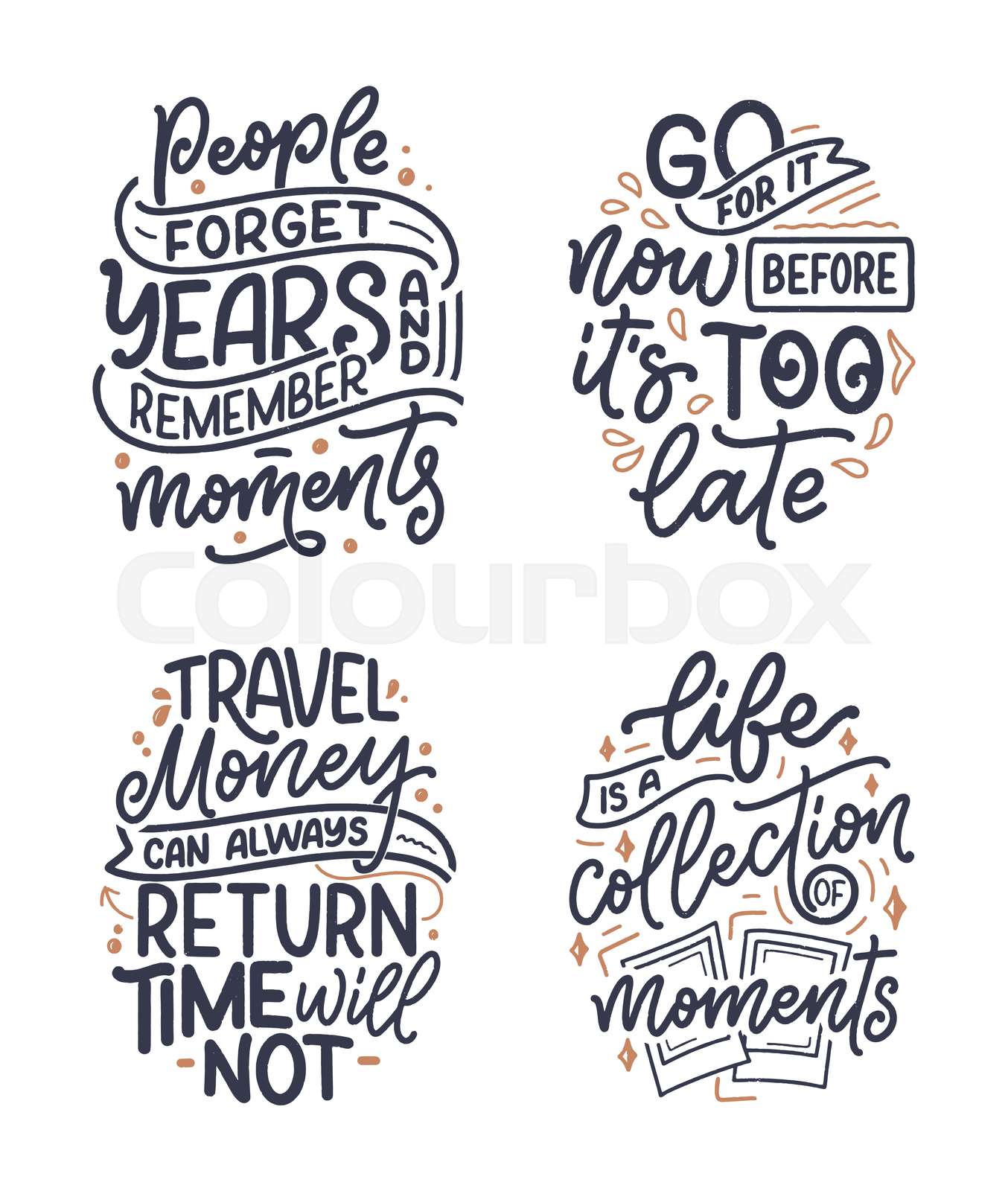 Set with life style inspiration quotes about travel and good moments ...