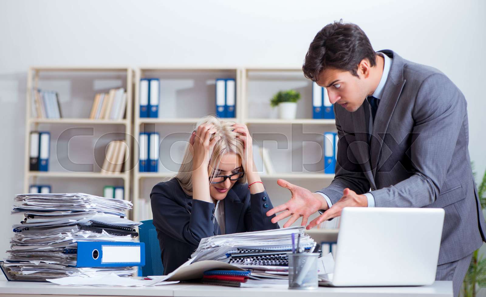 Angry irate boss yelling and shouting at his secretary employee | Stock ...