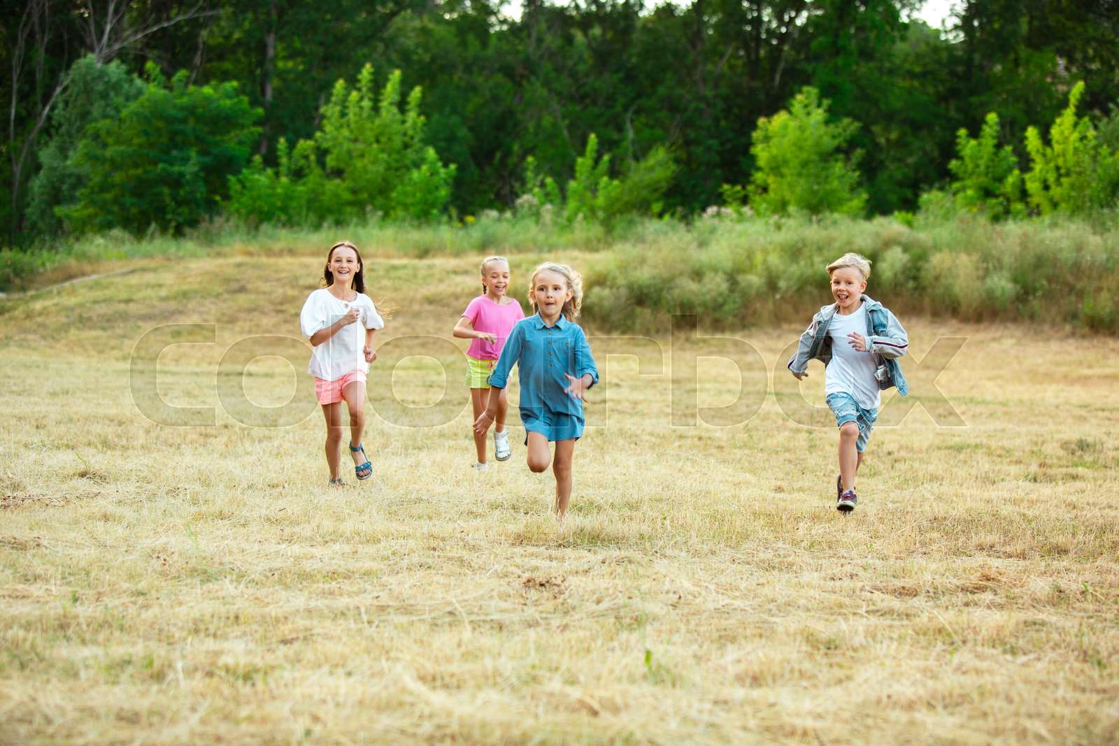 Kids, children running on meadow in summer's sunlight | Stock image ...