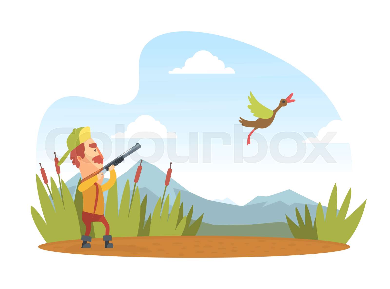Man Hunter with Shotgun Hunting Duck, Funny Hunter Character Wearing ...