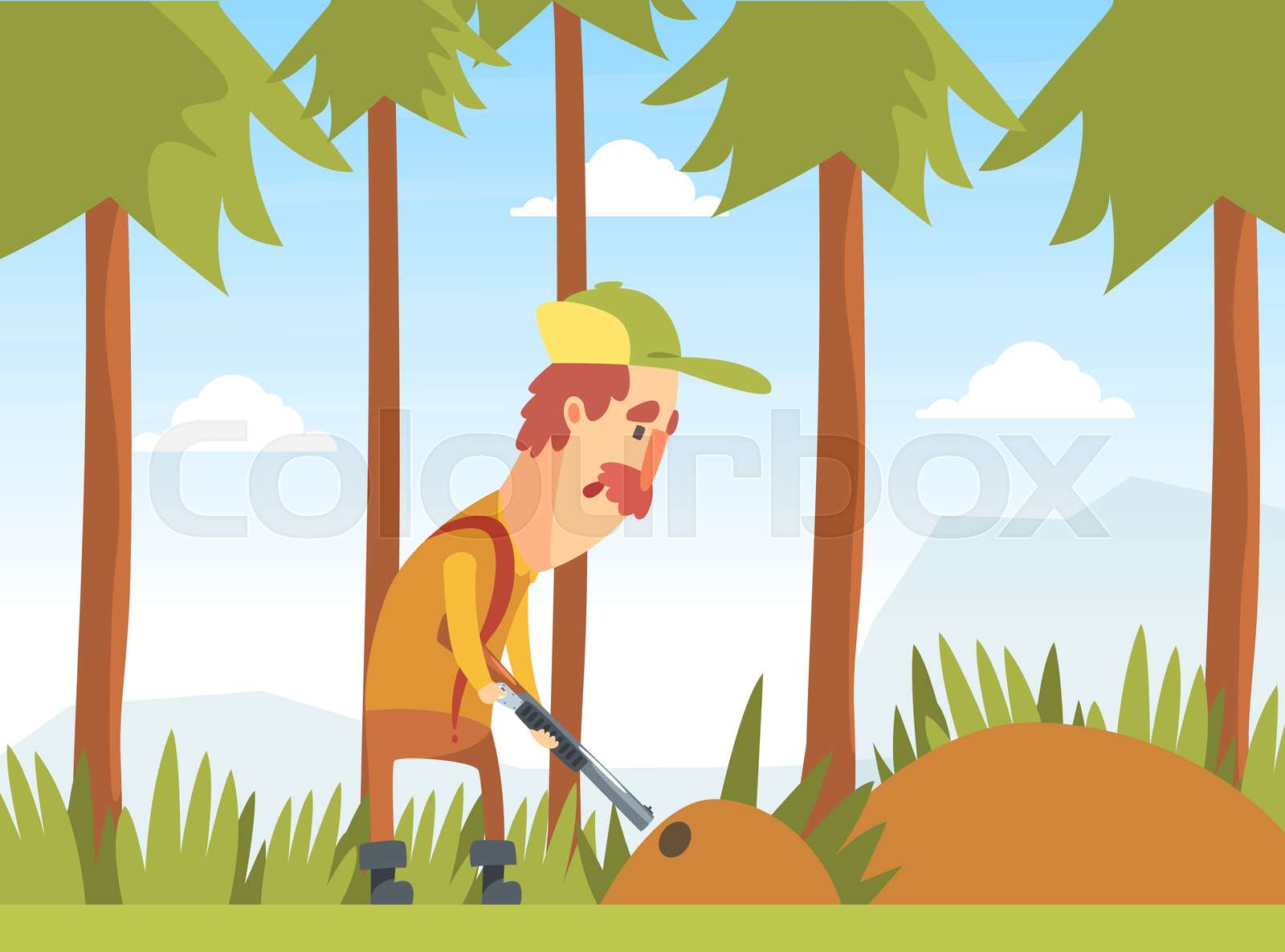Man Hunter Aiming with Shotgun into Burrow, Funny Hunter Character ...
